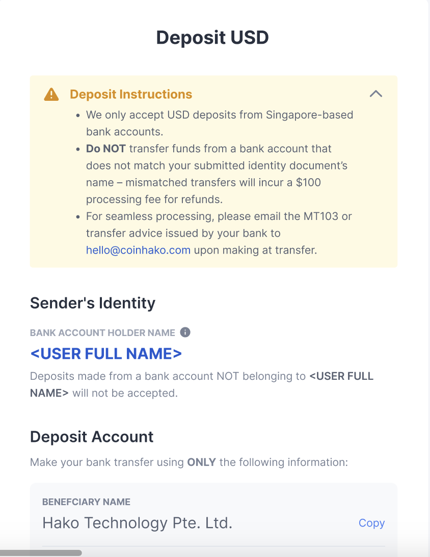 How To Deposit USD Via Bank Transfers on Coinhako